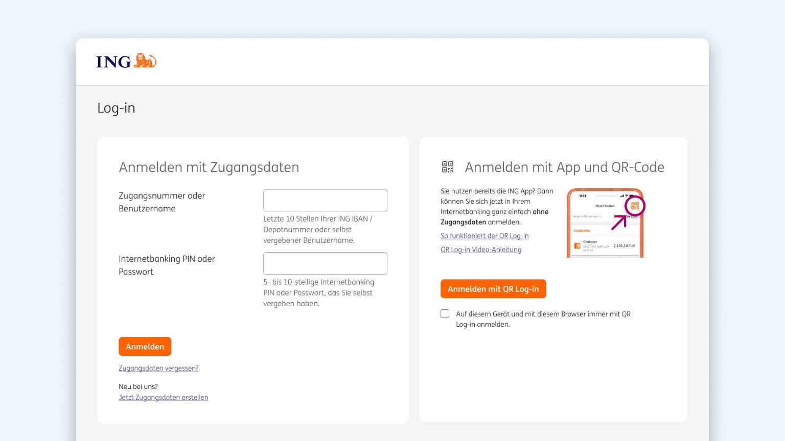 Login mit Benutzername und Passwort – ING